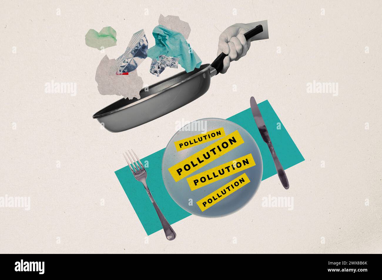 Abstract creative collage trash frying in pan human eats garbage ...