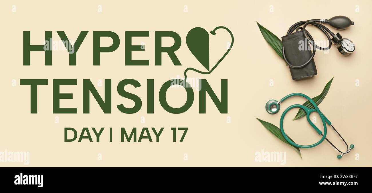 Sphygmomanometer and stethoscope on beige background. Banner for World ...