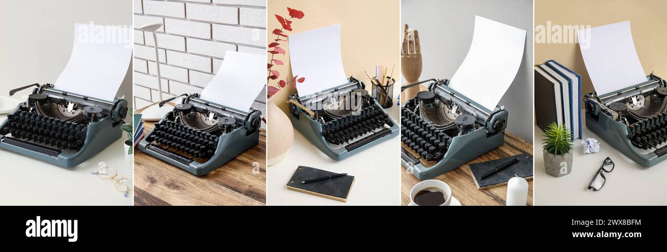 Collage of vintage typewriters on table Stock Photo - Alamy