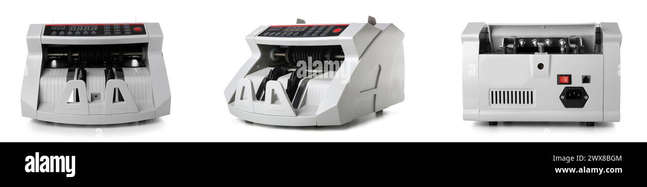 Set of cash counting machines on white background Stock Photo - Alamy