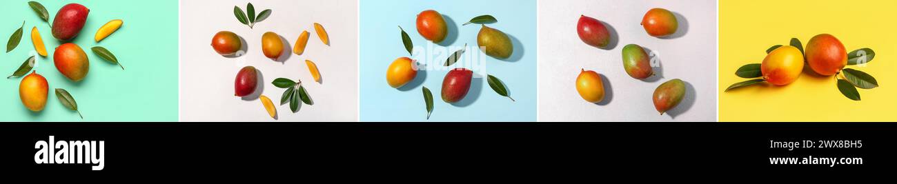 Collage of ripe sweet mangoes on color background, top view Stock Photo ...