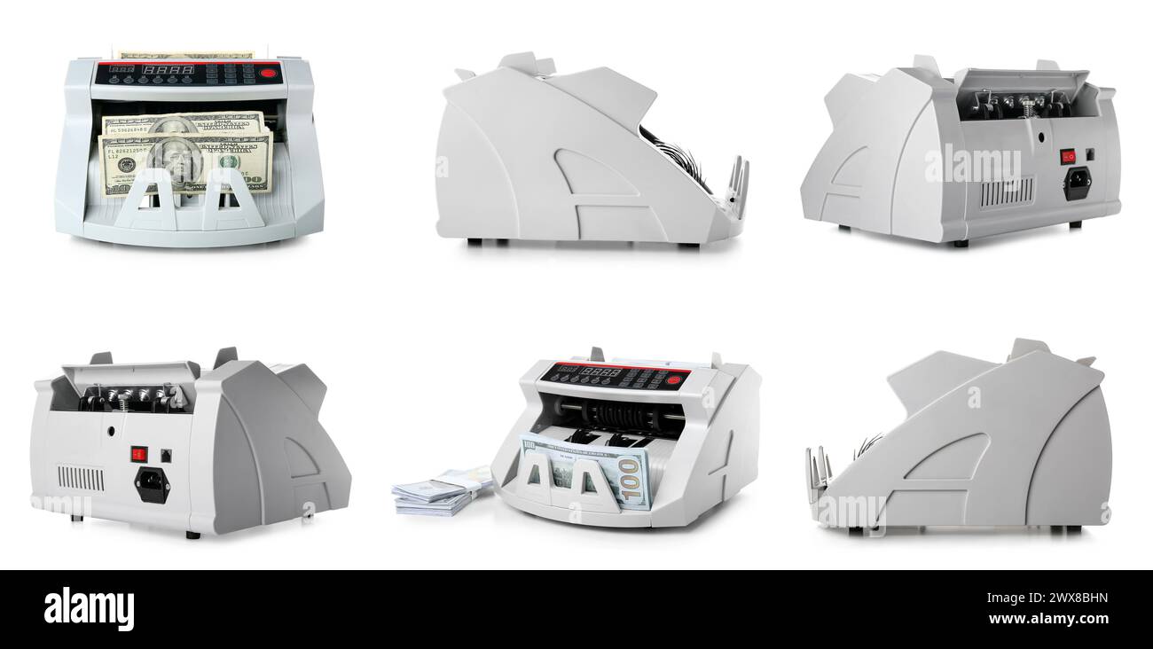 Set of cash counting machines on white background Stock Photo - Alamy