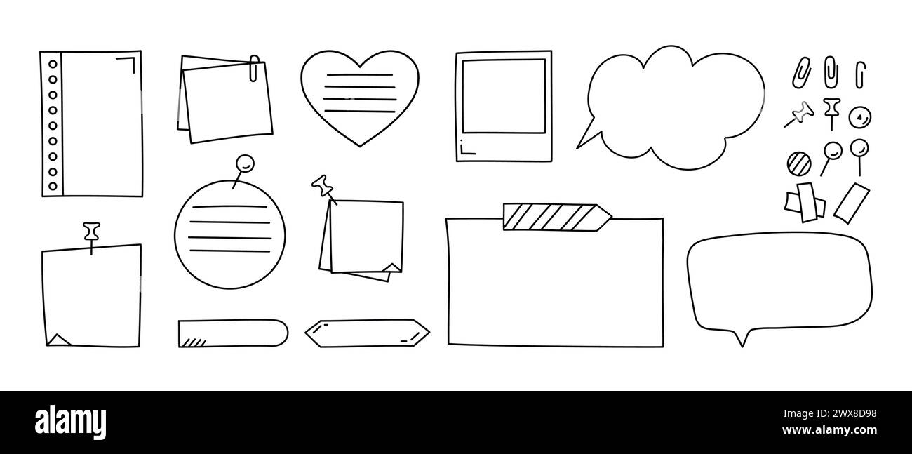 Doodle paper notes. Paper sheets, stickers, pins and speech bubbles ...