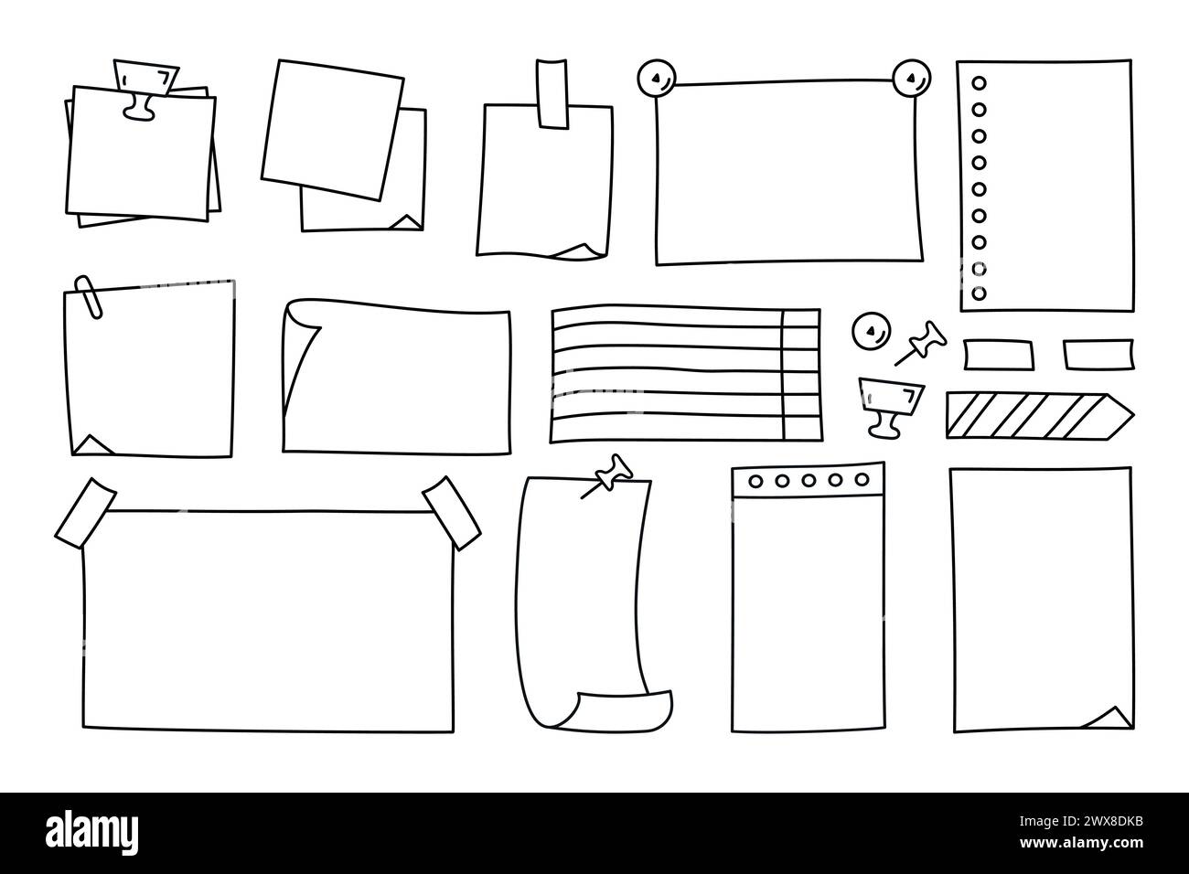 Doodle paper sheets, stickers and pins. For notes, to do list and memo ...