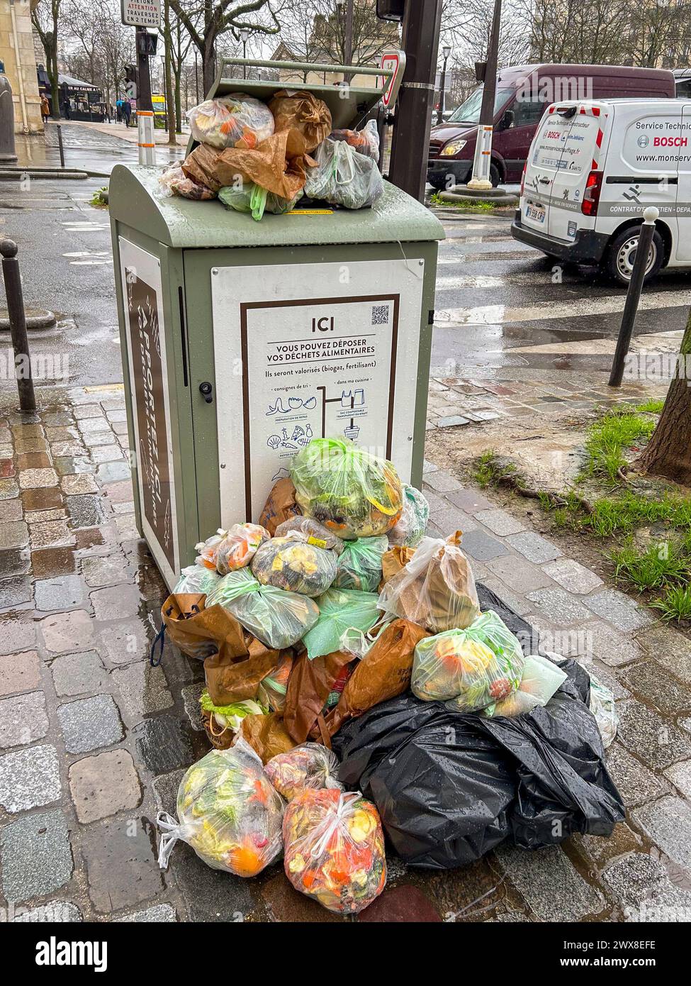 Paris, France, Food Waste Trash Recycling BIn on Street, Overloaded ...