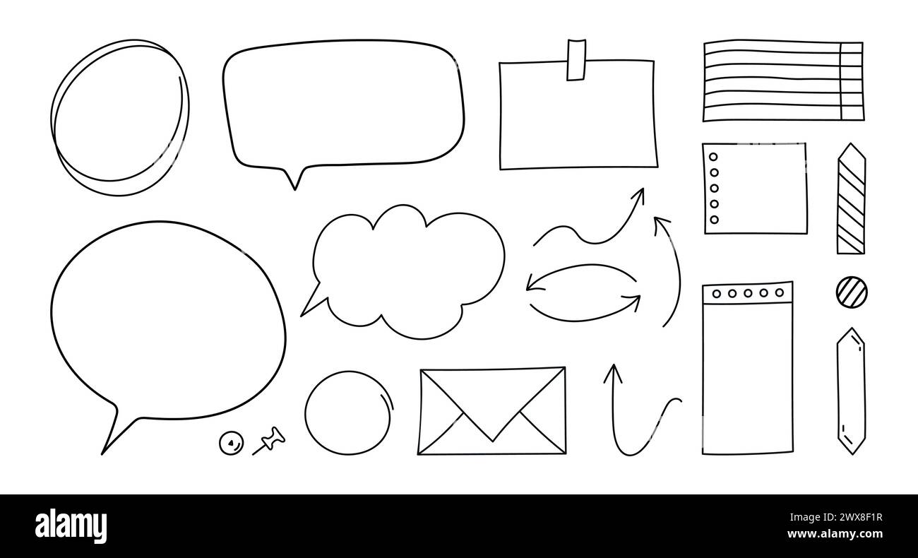 Doodle paper notes set. Paper sheets, speech bubbles, bookmarks, pins ...