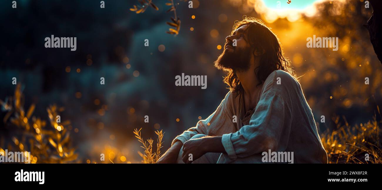 Jesus Christ praying in the garden between olive trees. Jesus with a ...