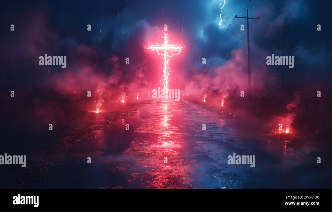 Lightning cross on luminous street with fire and clouds in raining day ...