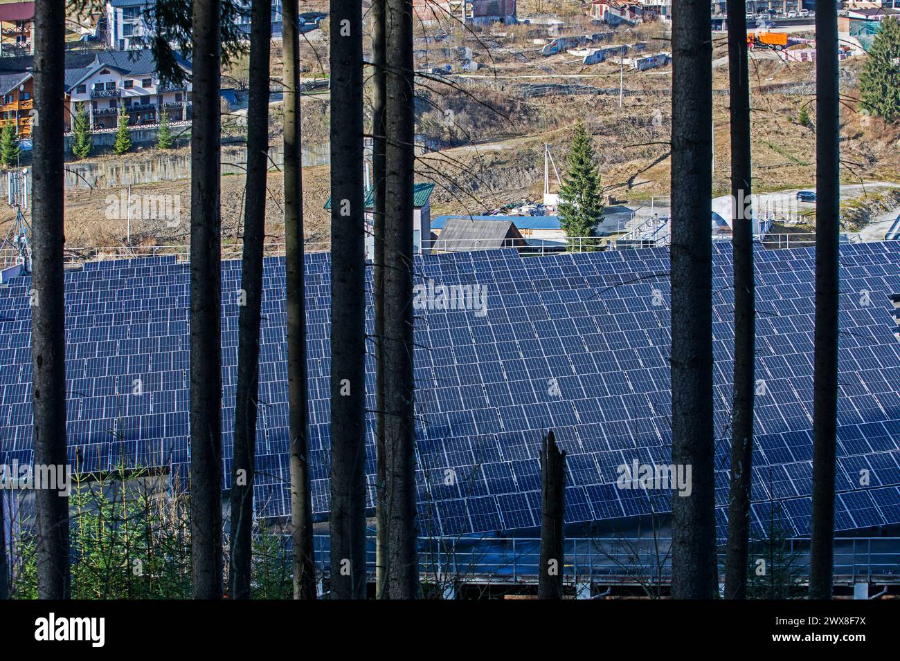 solar panels at a ski resort. energy saving and active recreation Stock ...