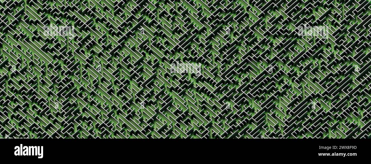 Abstract metal maze labyrinth background with green floor, banner white ...