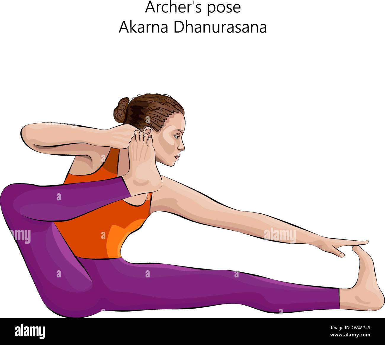 Young woman doing yoga Akarna Dhanurasana. Archer s pose. Bow and Arrow pose or Shooting Bow ...