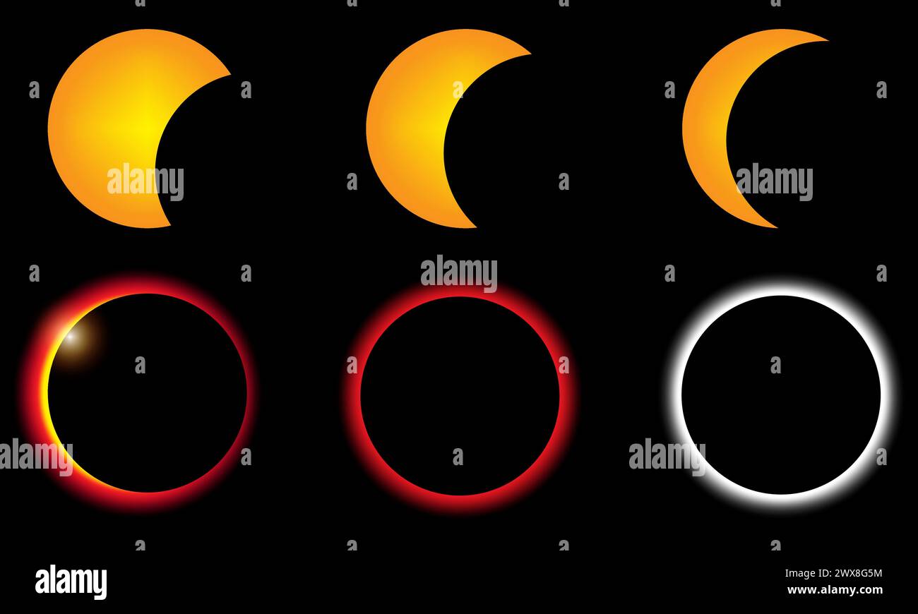 Set of Solar Eclipse stages to totality, phases of solar eclipse Stock ...
