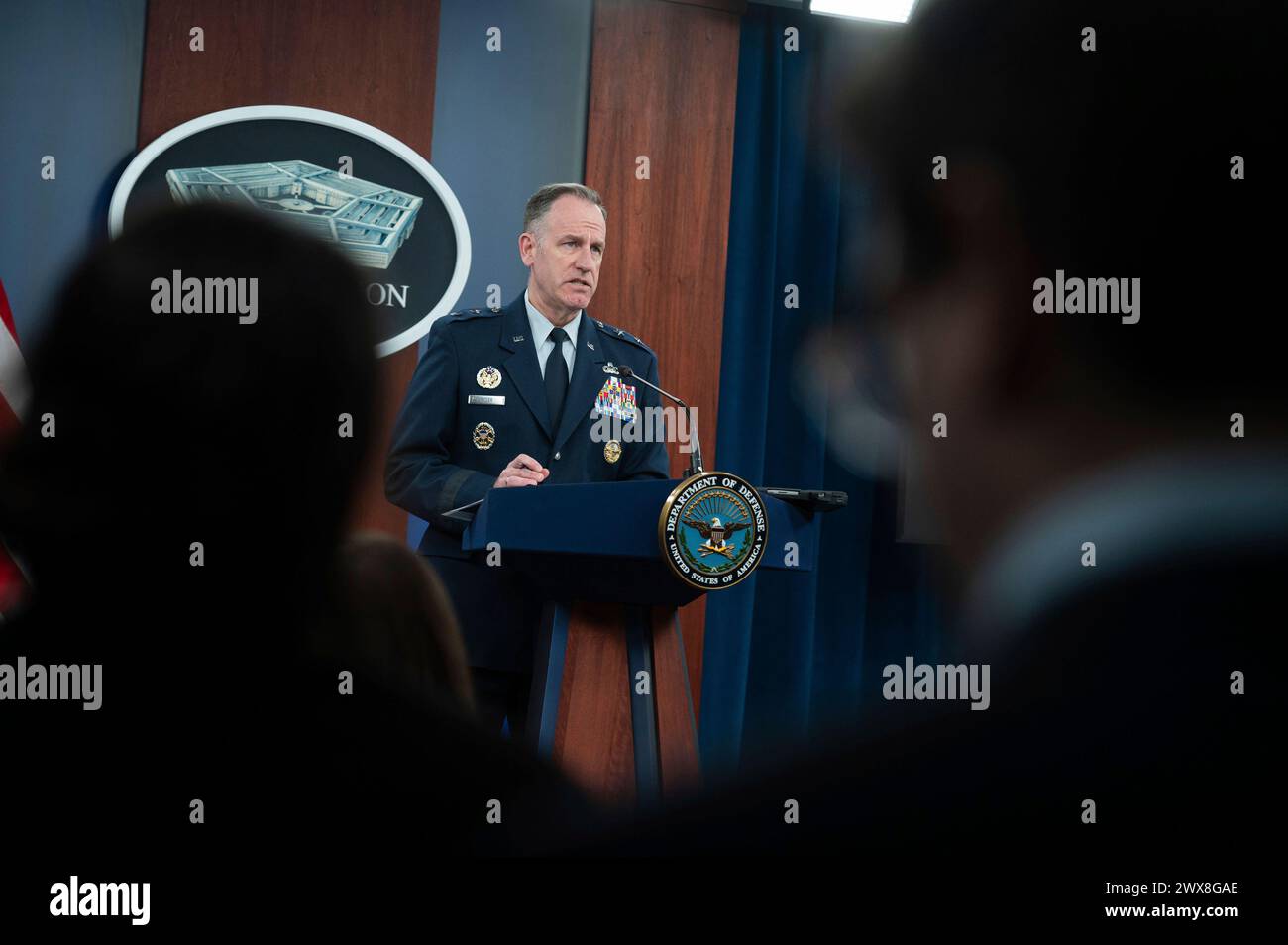 Pentagon spokesman Air Force Maj. Gen. Patrick Ryder speaks during a briefing at the Pentagon in ...