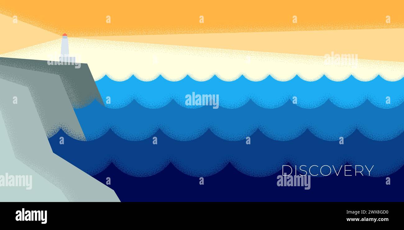Abstract retro minimal horizontal banner with lighthouse on rock on sea ...