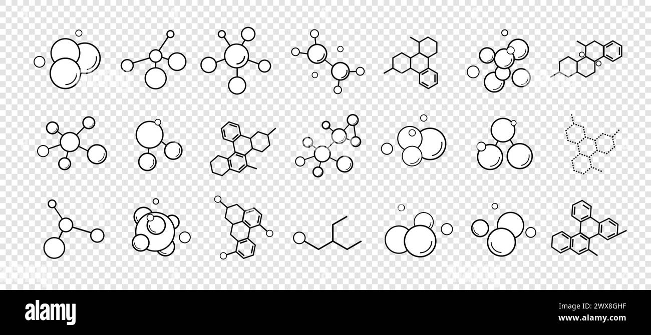 A set of molecules, chemical compounds and atoms on a transparent ...