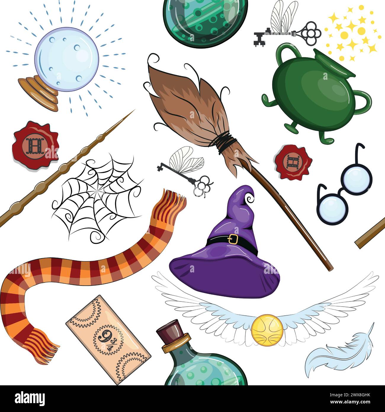 Magic items seamless pattern in flat style. School of Magic. Pumpkin ...