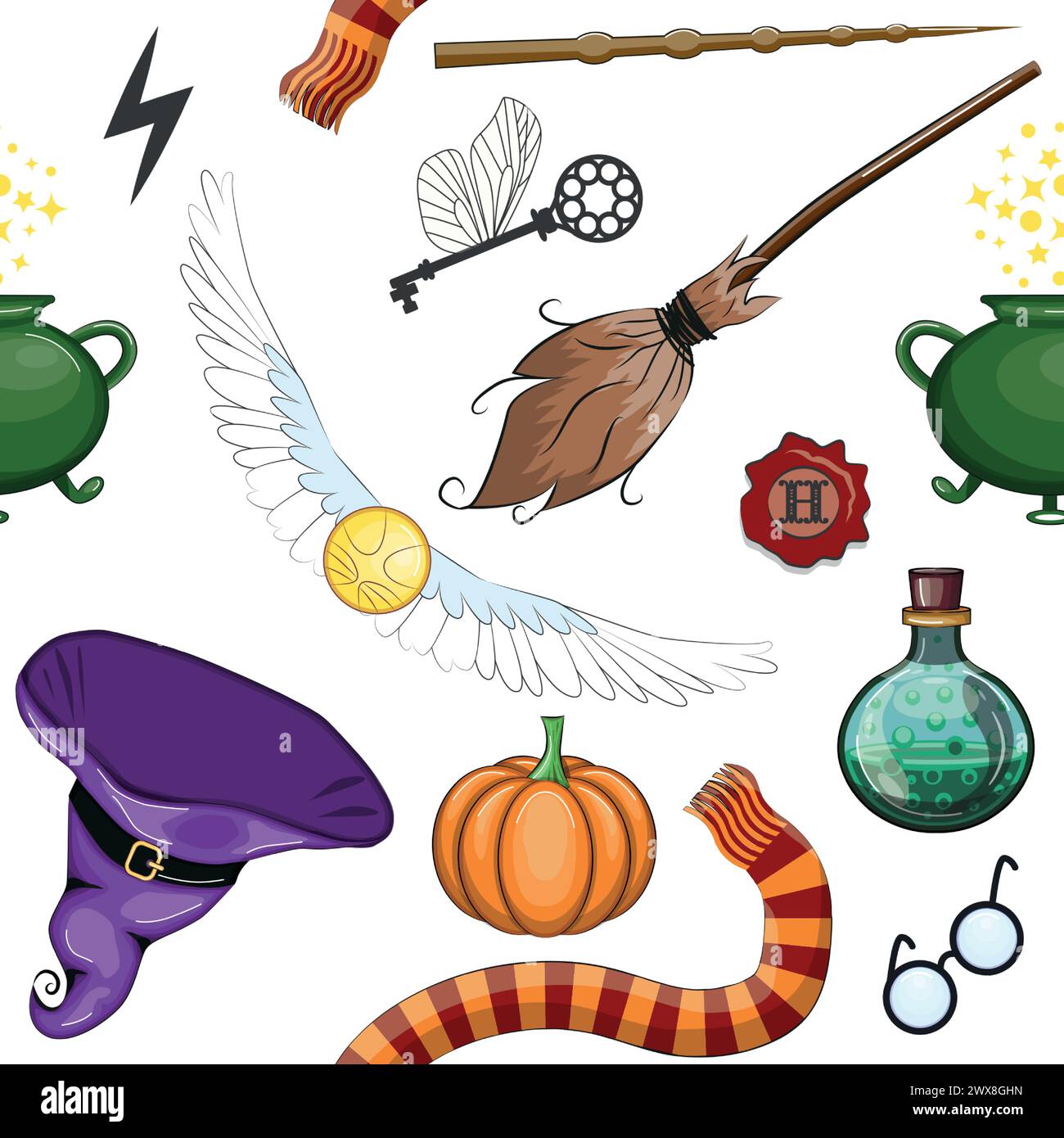 Magic items seamless pattern in flat style. School of Magic. Pumpkin ...