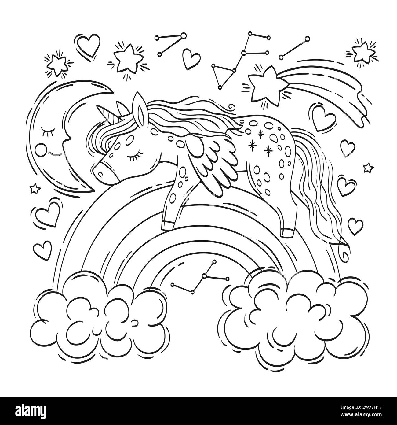 Cute unicorn is sleeping on a rainbow surrounded by clouds and the moon ...