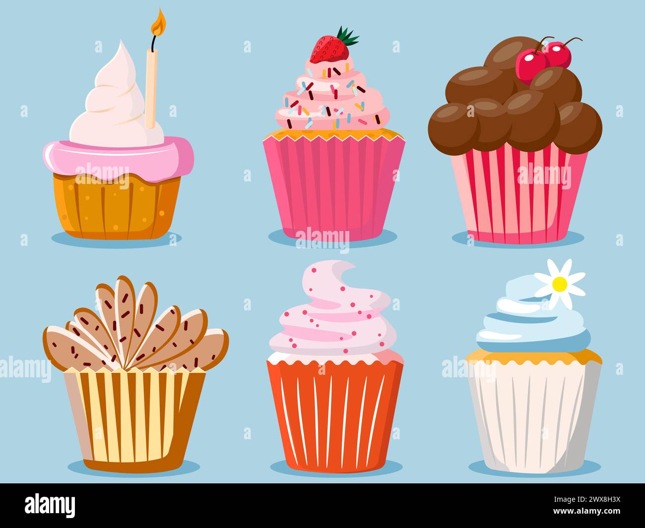 Collection of cartoon colourful cupcakes with beautiful icing Stock ...