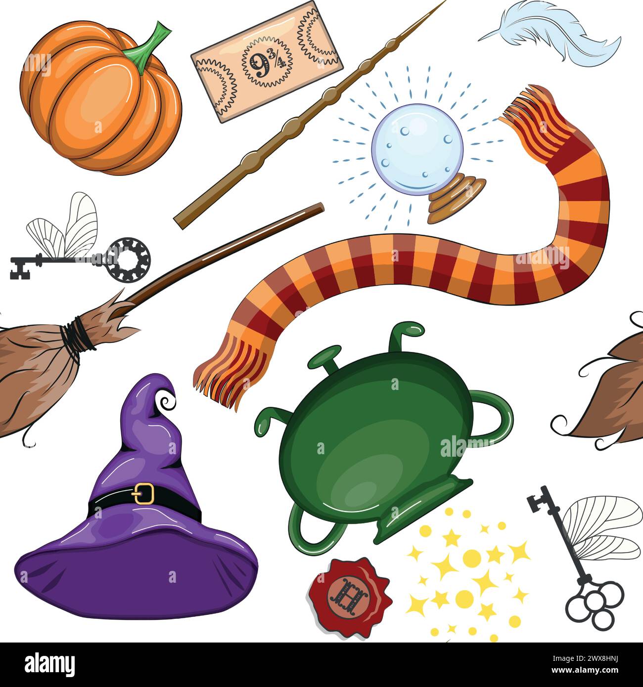 Magic items seamless pattern in flat style. School of Magic. Pumpkin ...