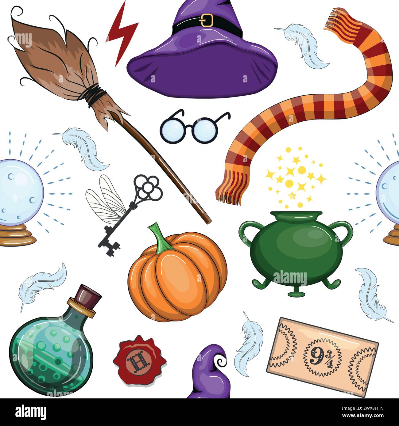 Magic items seamless pattern in flat style. School of Magic. Pumpkin ...