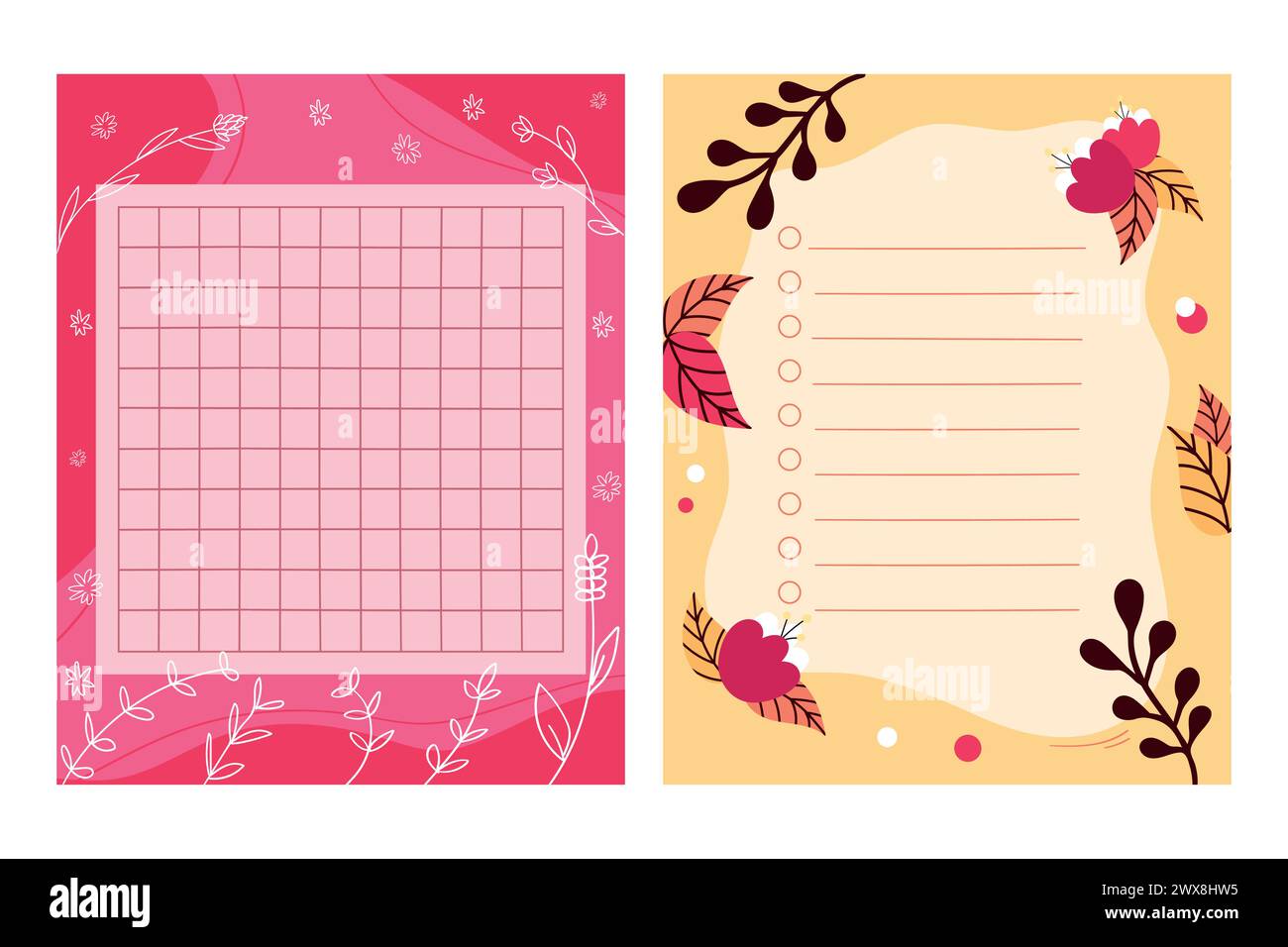 Paper notes set decorated with leaves and flowers. Templates for memo ...