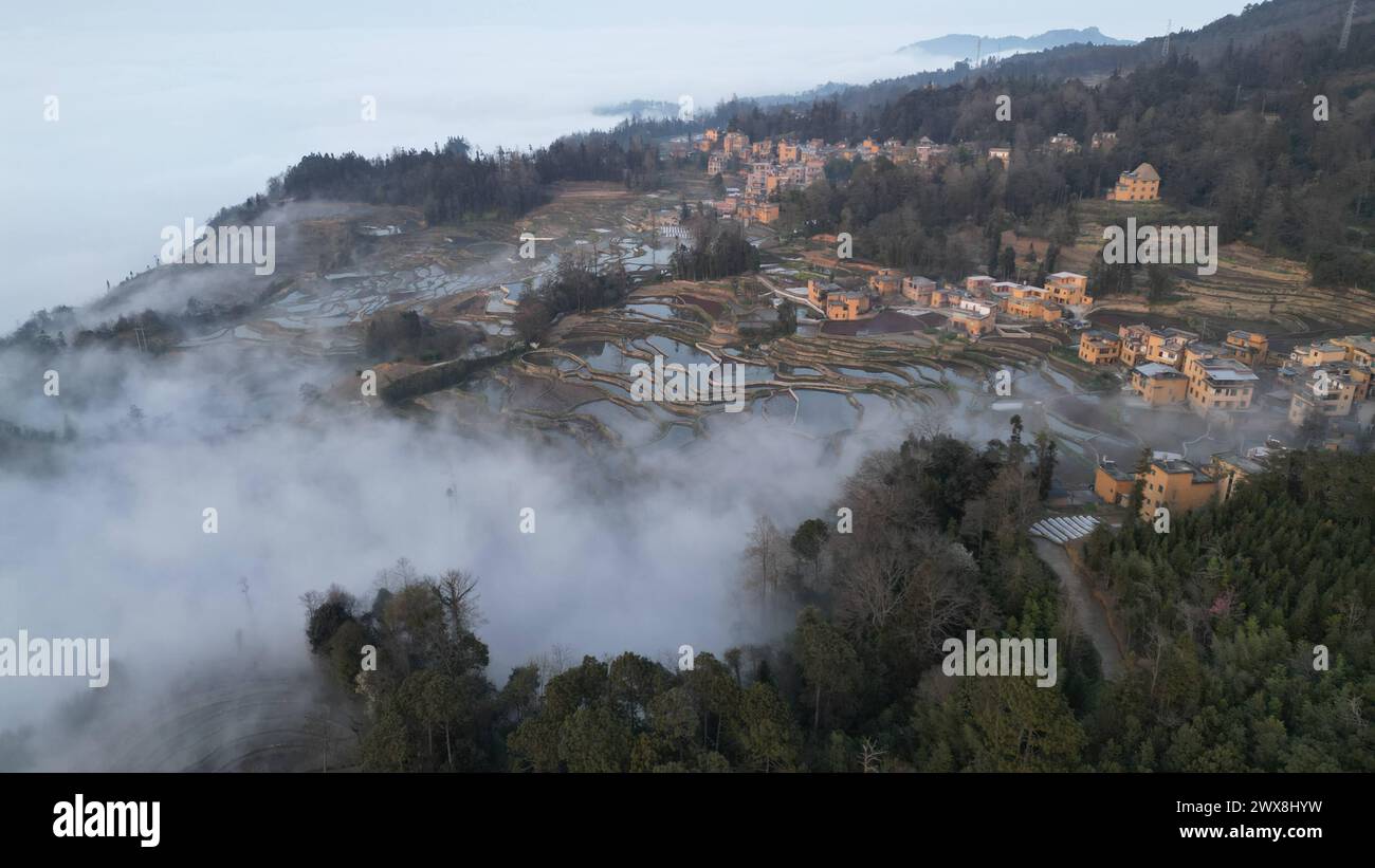 An aerial view of a mountain town: Yuanyang, Bada, China Stock Photo ...