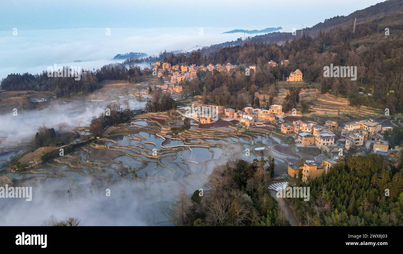 An aerial view of a mountain town: Yuanyang, Bada, China Stock Photo ...