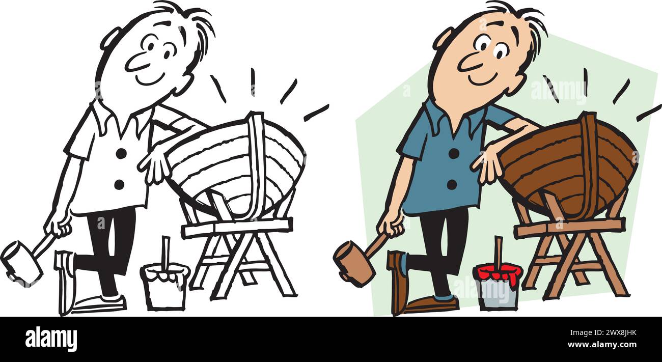A vintage retro cartoon of a man building a boat with his tools Stock ...