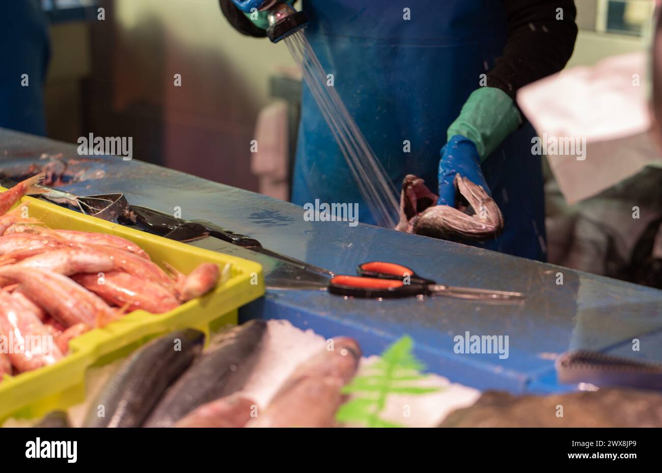 Fishmonger cleaning fish hi-res stock photography and images - Alamy