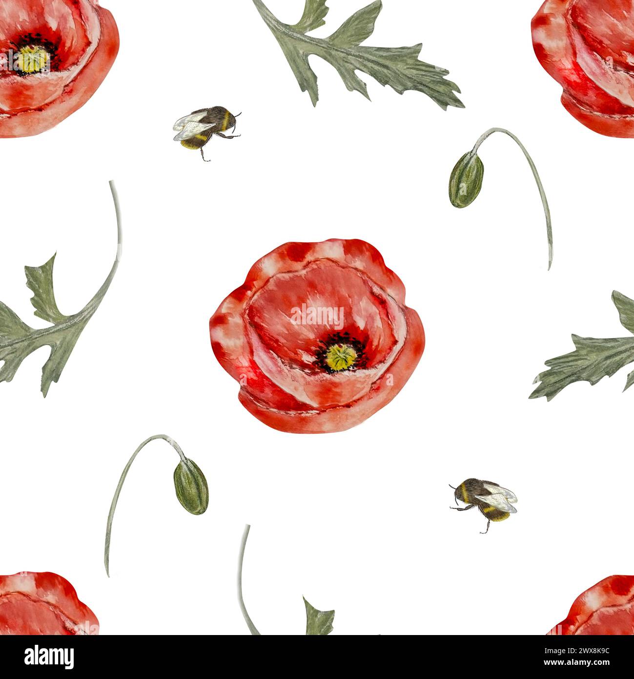 Watercolor seamless pattern. Illustration with red poppies and leaves ...