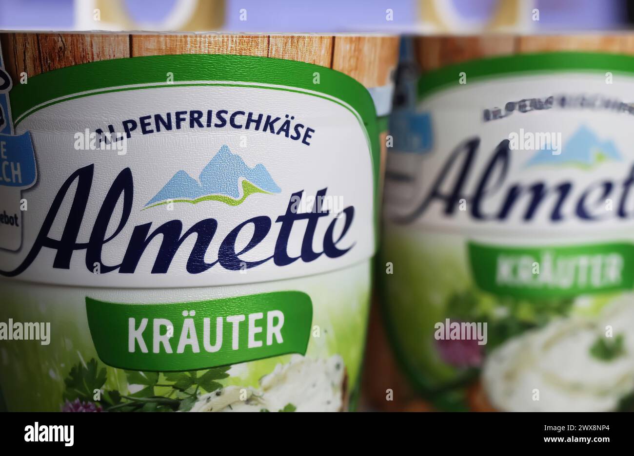 Viersen, Germany - March 9. 2024: Closeup of Almette spread herb cheese ...