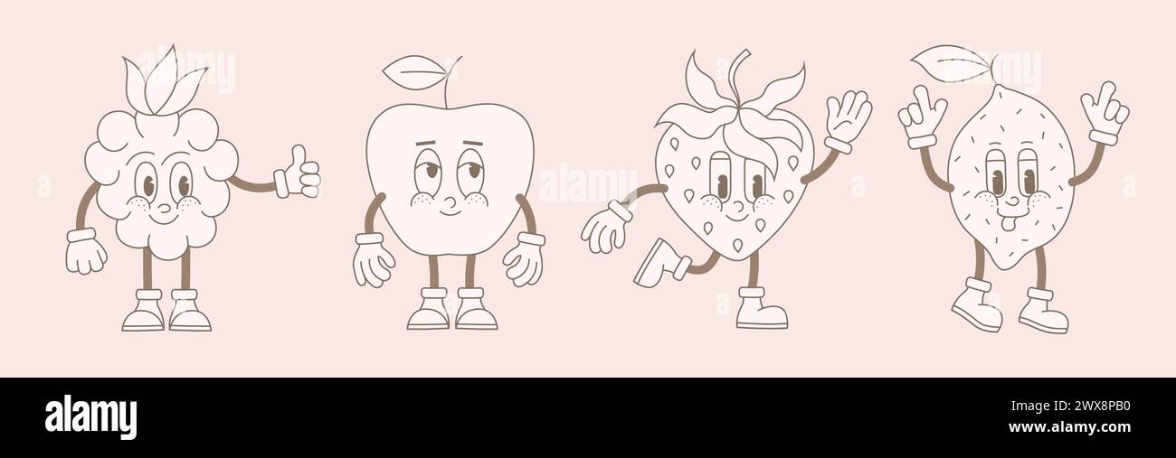 Groovy line beige cartoon fruits. Comic mascot of 60s and 70s funky ...