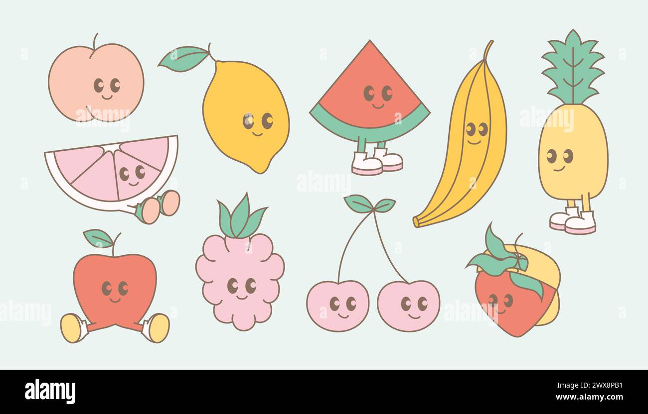 Cute groovy cartoon fruits, funny Y2k mascot vector characters with smile. Ripe cherry, banana ...
