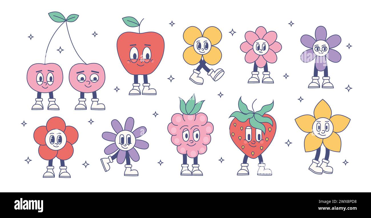 Retro groovy fruit, flower characters set. Vector cartoon funny daisy ...