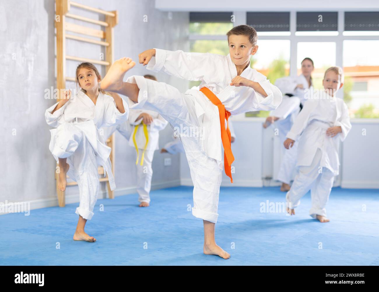 Children students repeat position and perform sequence of punches and ...