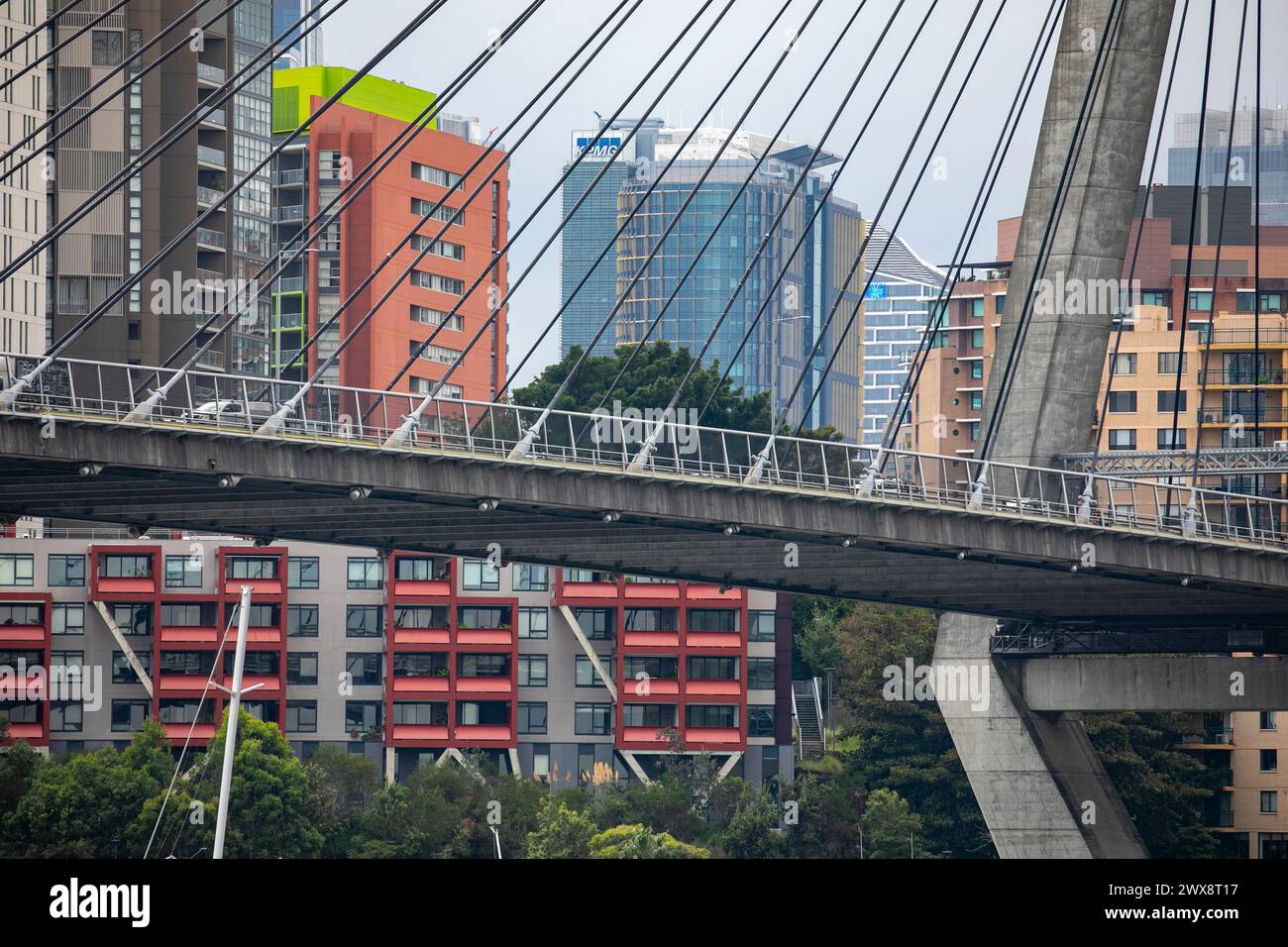 Anzac Bridge in Sydney, close up of Pyrmont end of the bridge with high ...