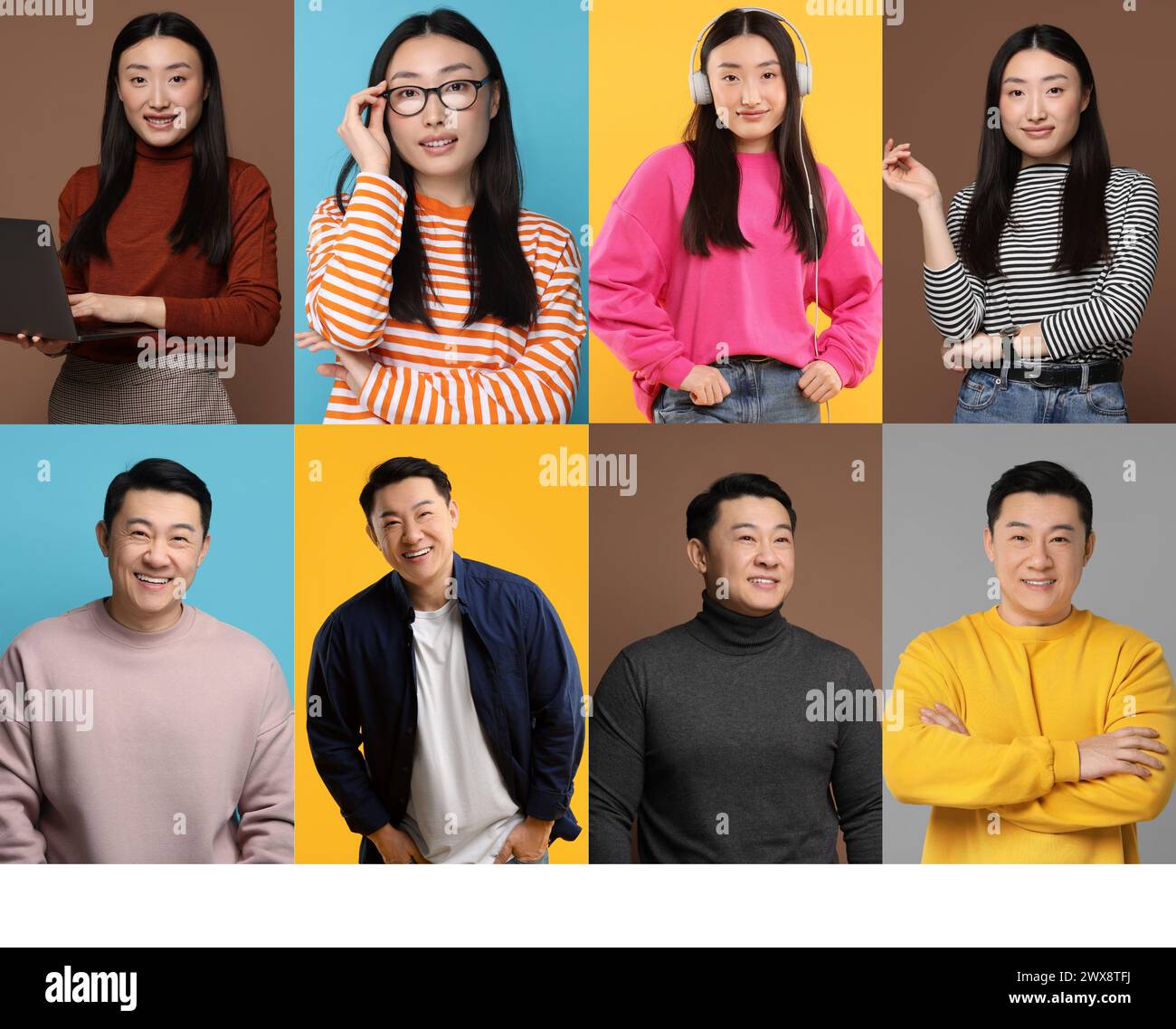 Collage with photos of Asian woman and man on different color ...
