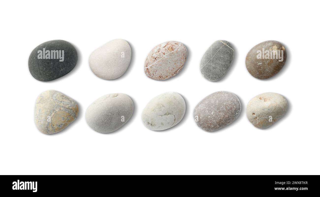 Sea pebbles. Different stones isolated on white, top view Stock Photo ...