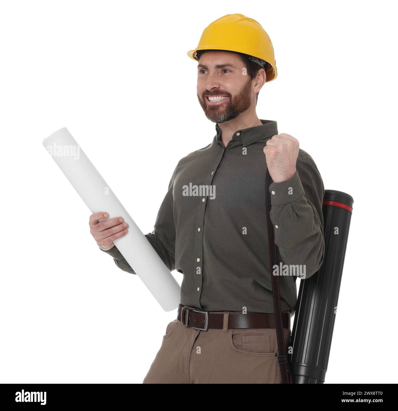 Architect in hard hat with drawing tube and draft on white background ...