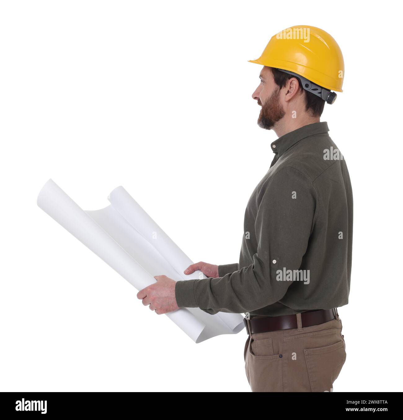 Architect in hard hat with draft on white background Stock Photo - Alamy