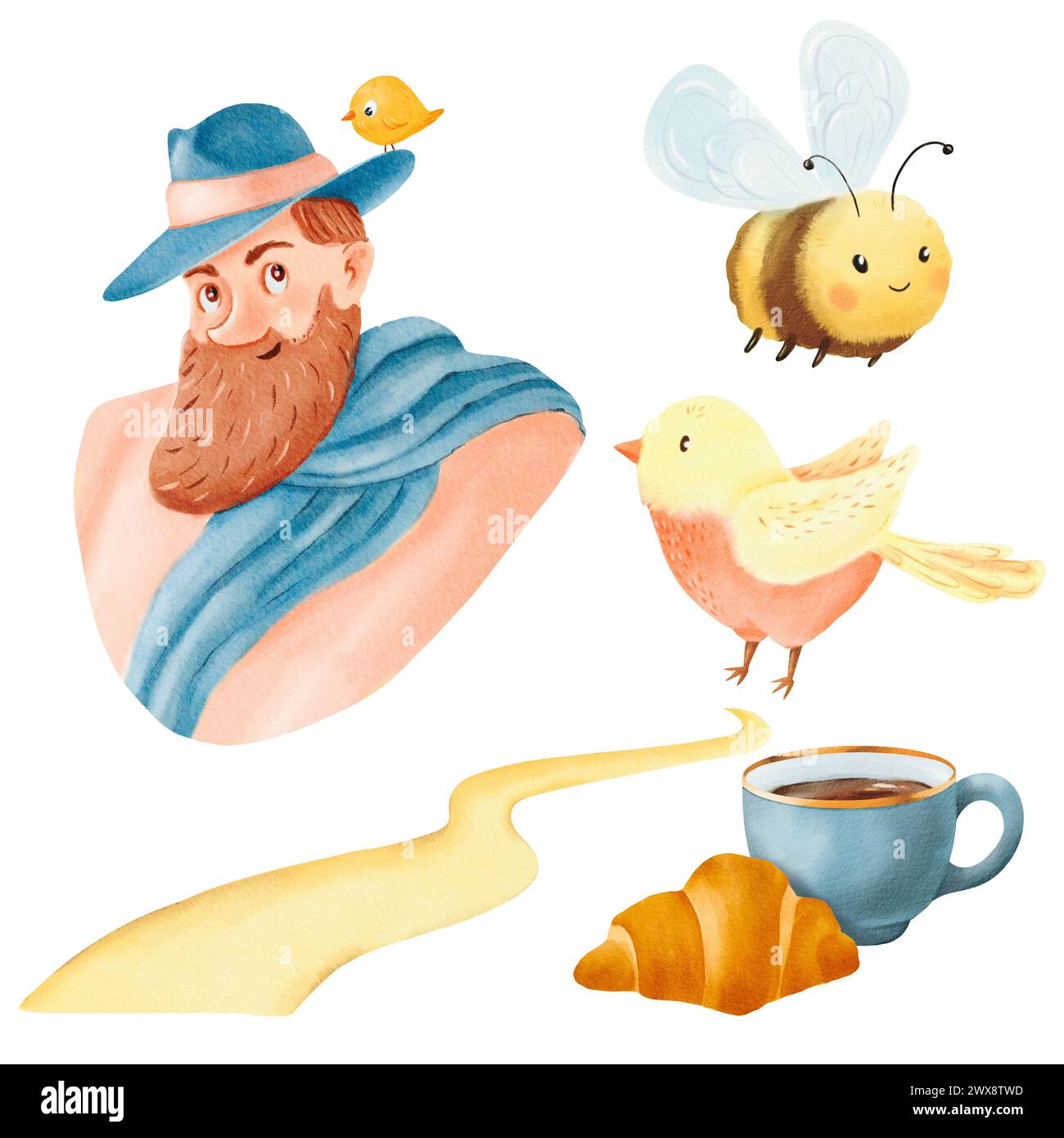 Watercolor cartoon set with portrait Stock Photo - Alamy