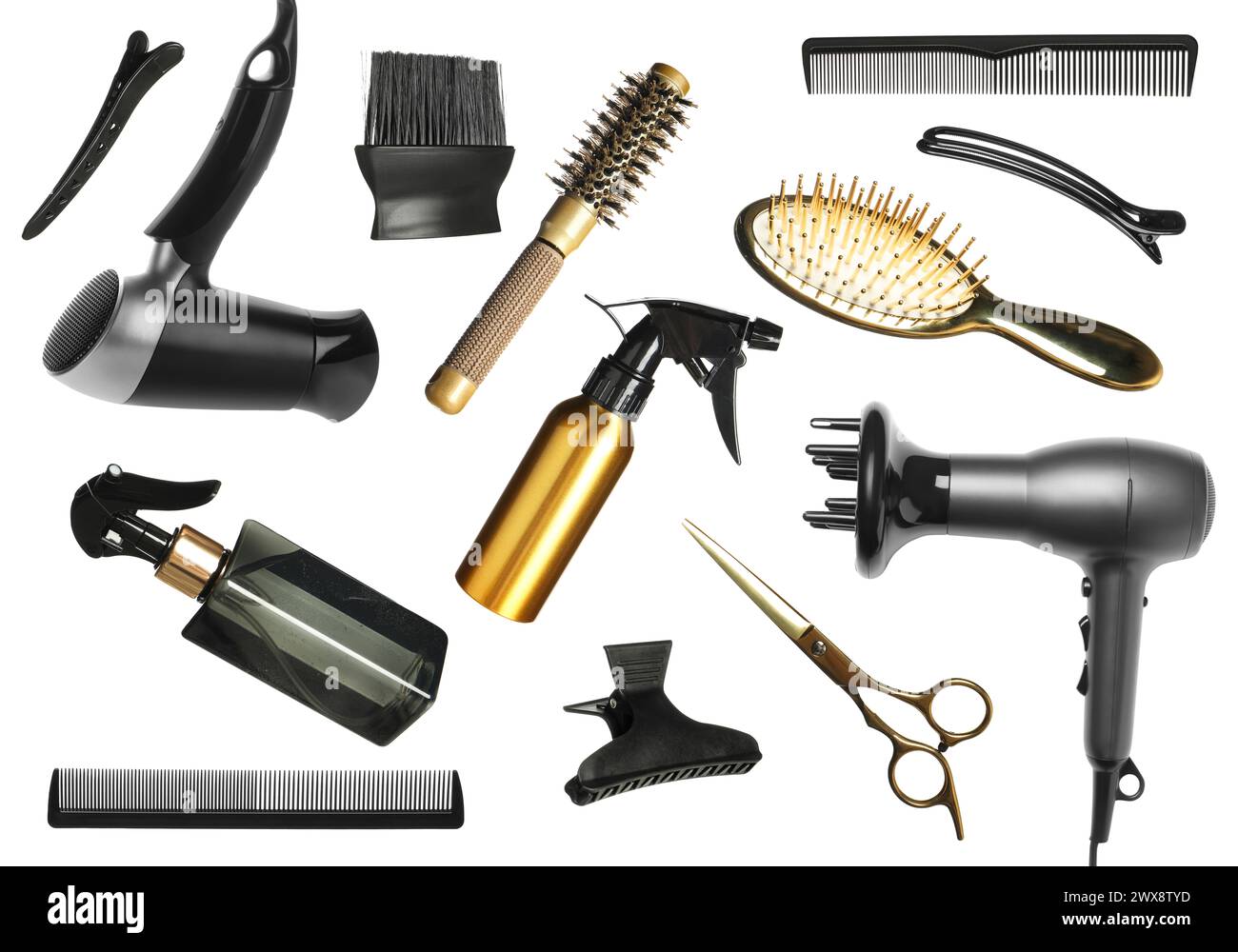 Different hairdresser tools isolated on white, set Stock Photo - Alamy