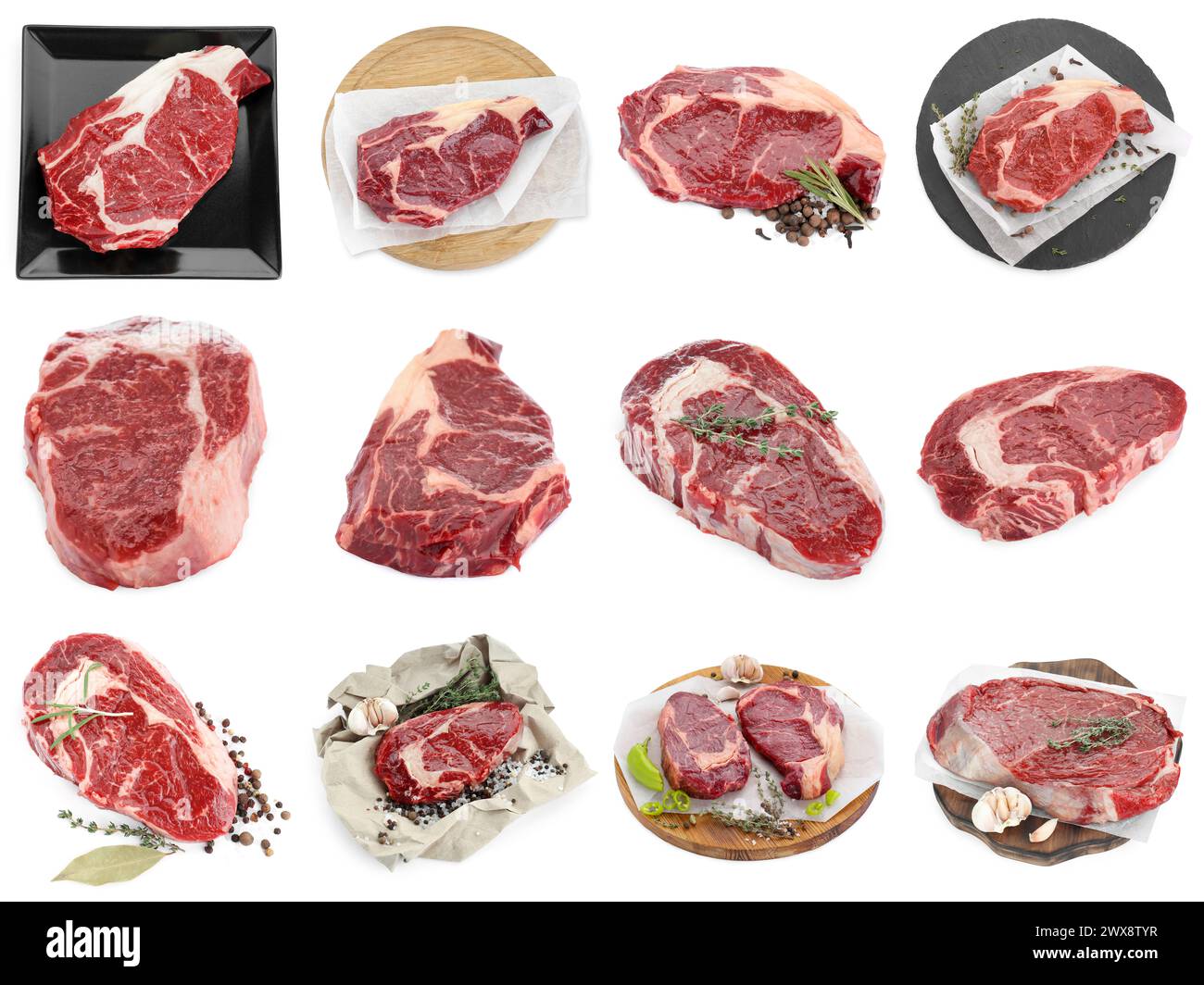 Many different pieces of fresh beef meat isolated on white, set Stock ...