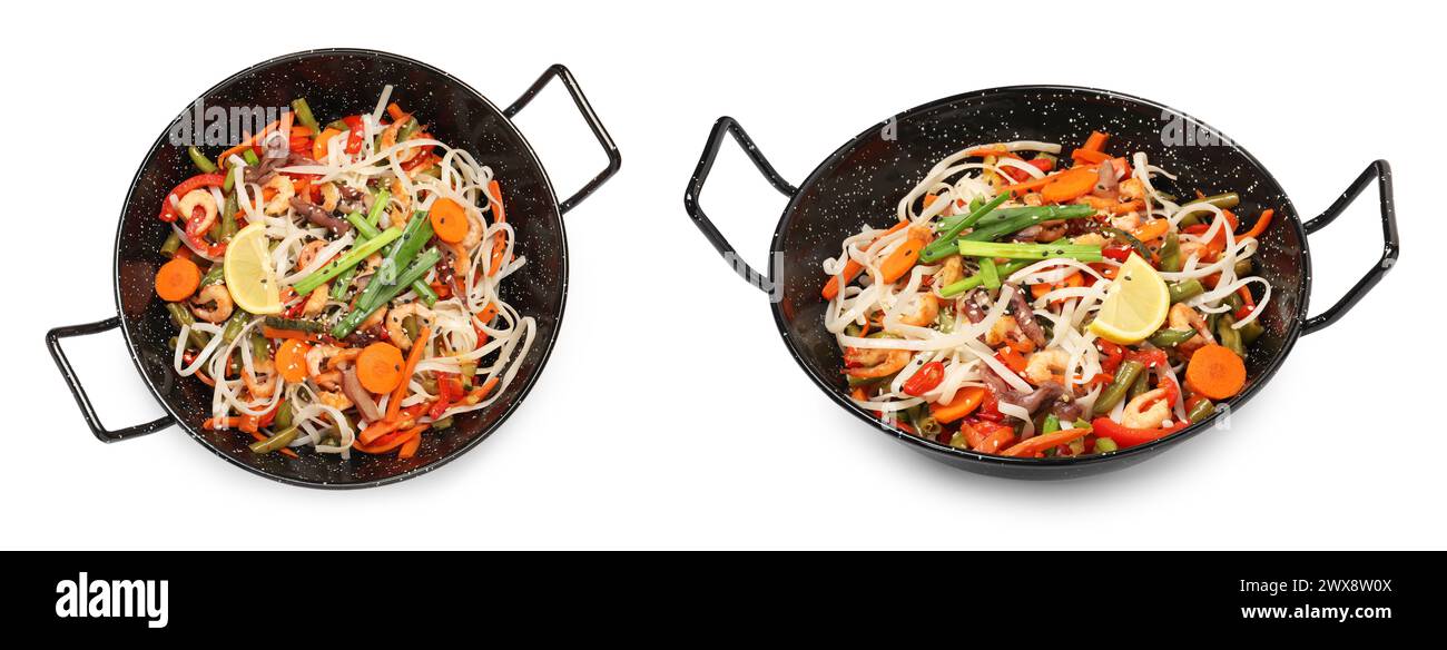 Wok with shrimp stir fry, noodles and vegetables isolated on white, top ...