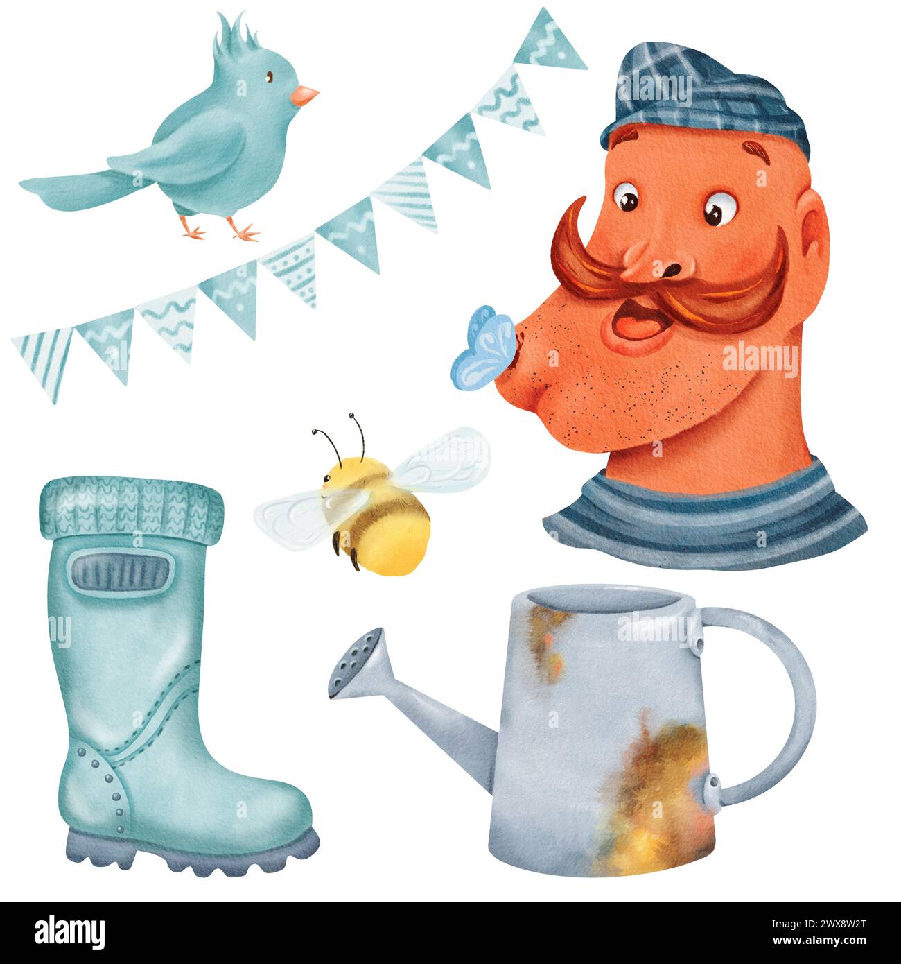 Watercolor cartoon set with human portrait. Spring time Stock Photo - Alamy