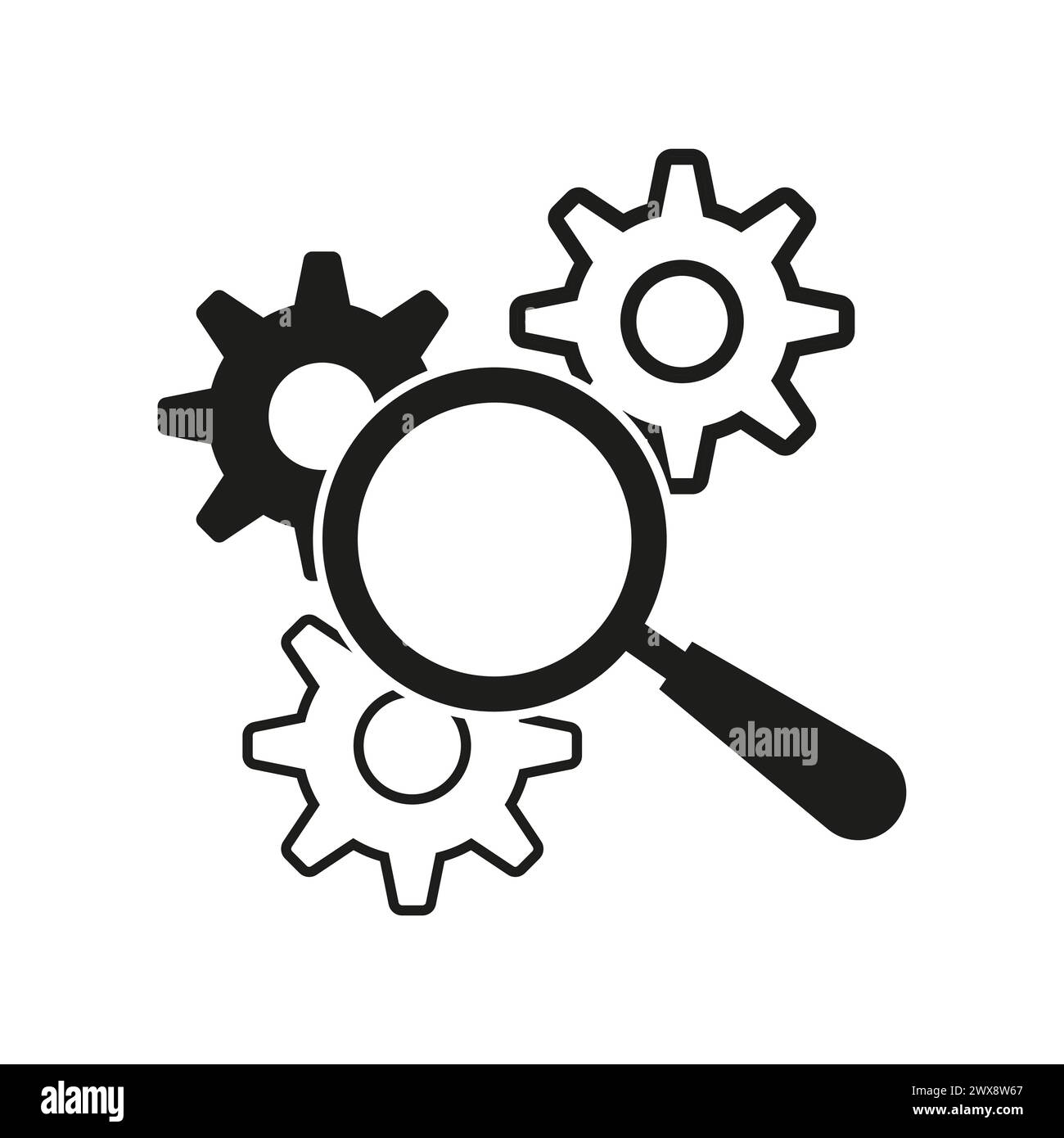 Magnifying glass and gears icon. Analysis and mechanics concept. Search ...