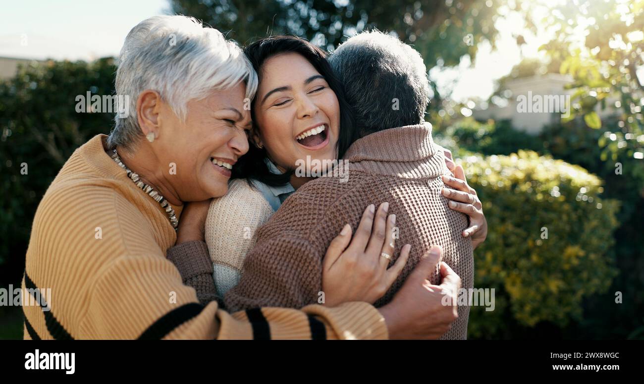 Mexican family, hug and smile for reunion, outdoors and love for ...