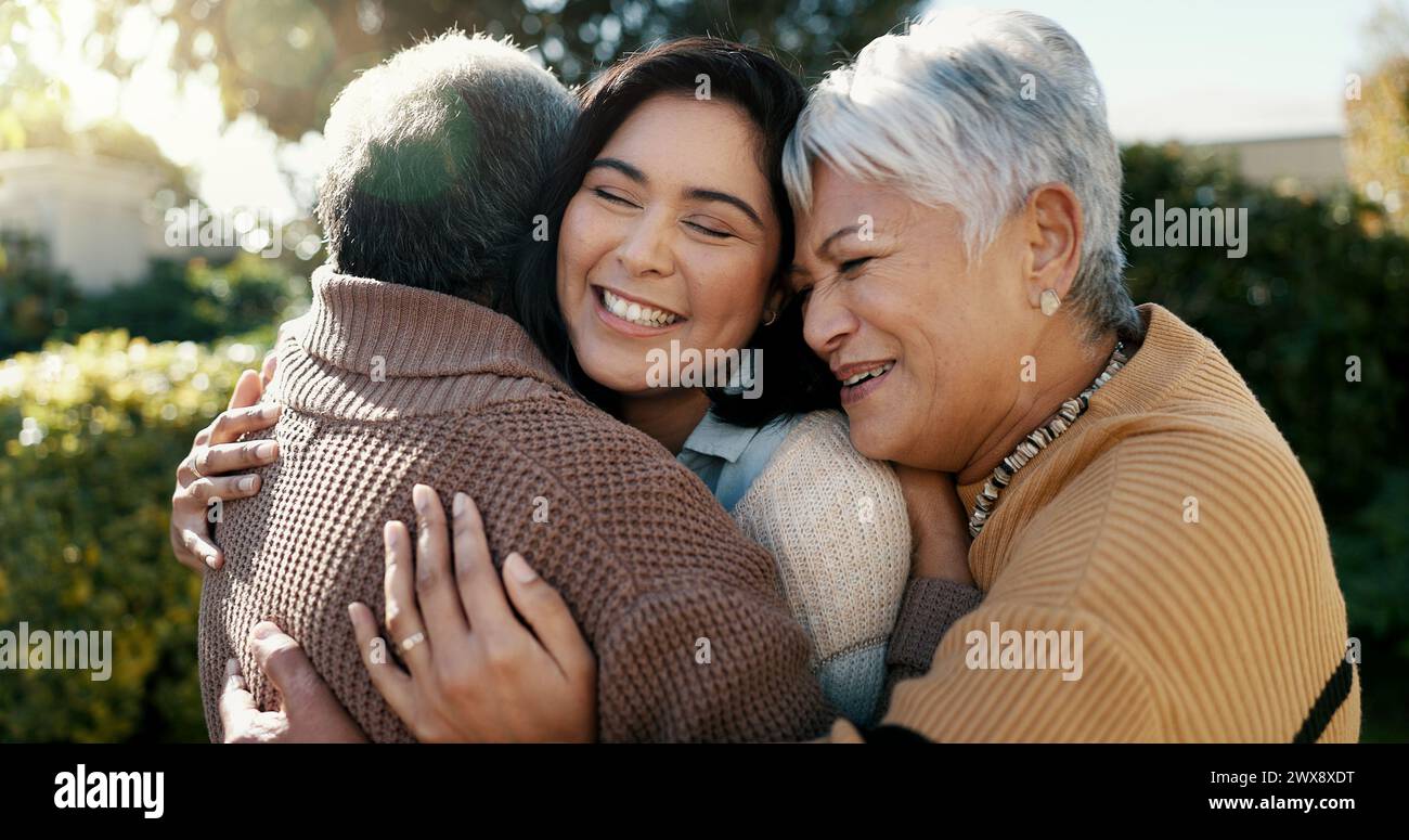 Mexican family, hug and smile for reunion, outdoors and love for ...