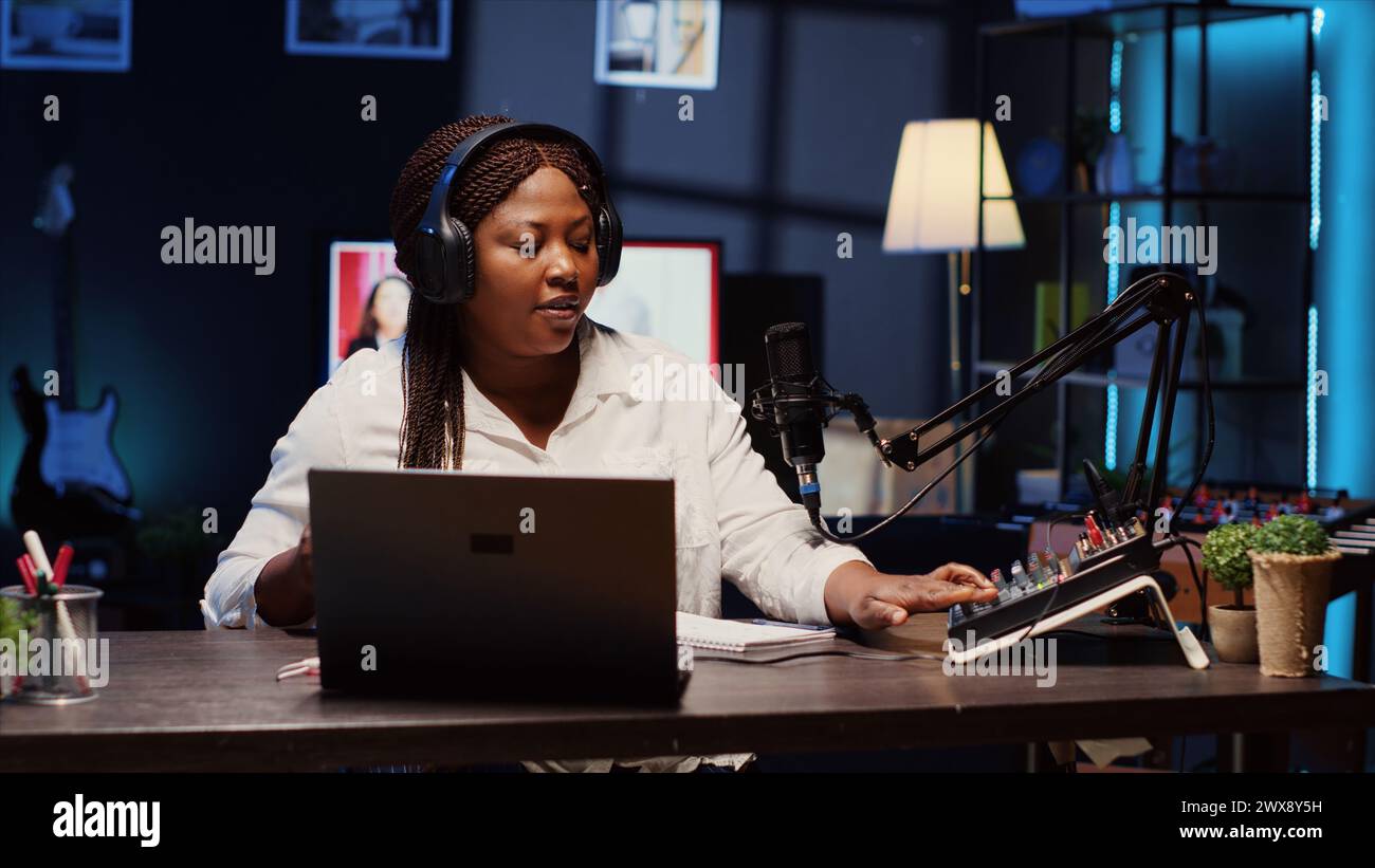 Woman arriving in studio, broadcasting live on streaming platform using ...